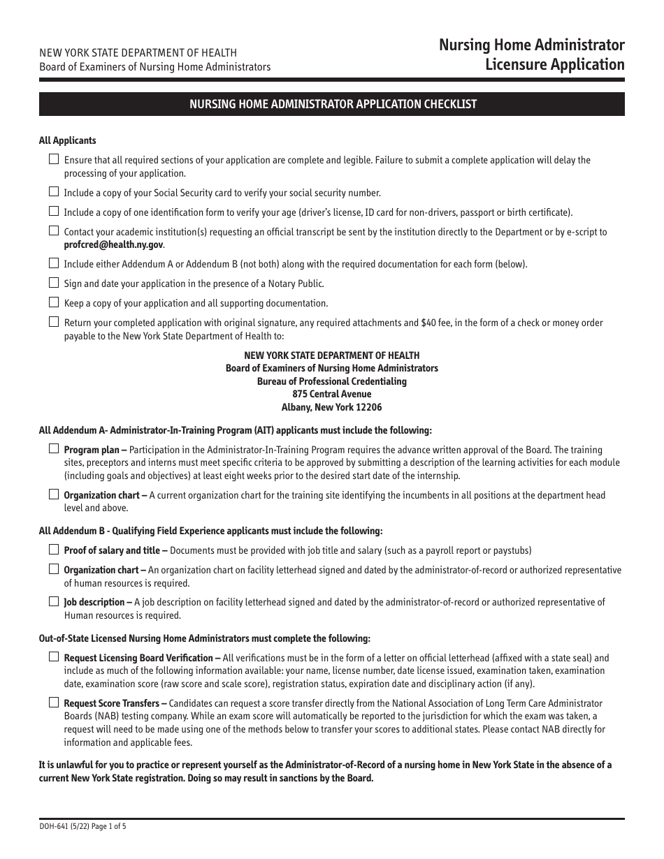 Form DOH-641 - Fill Out, Sign Online and Download Fillable PDF, New ...