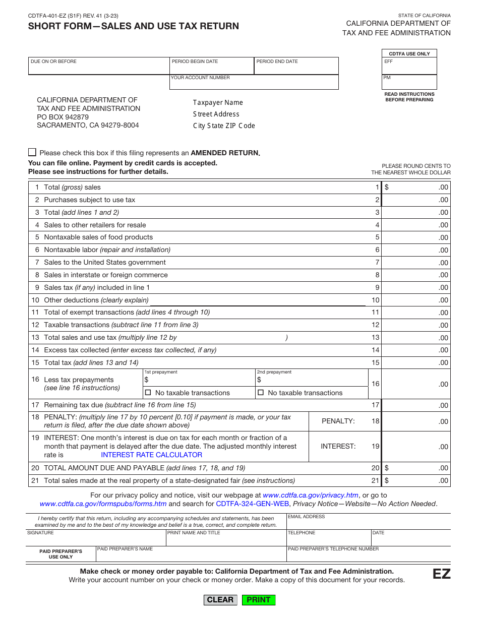 Form CDTFA-401-EZ Download Fillable PDF or Fill Online Short Form ...