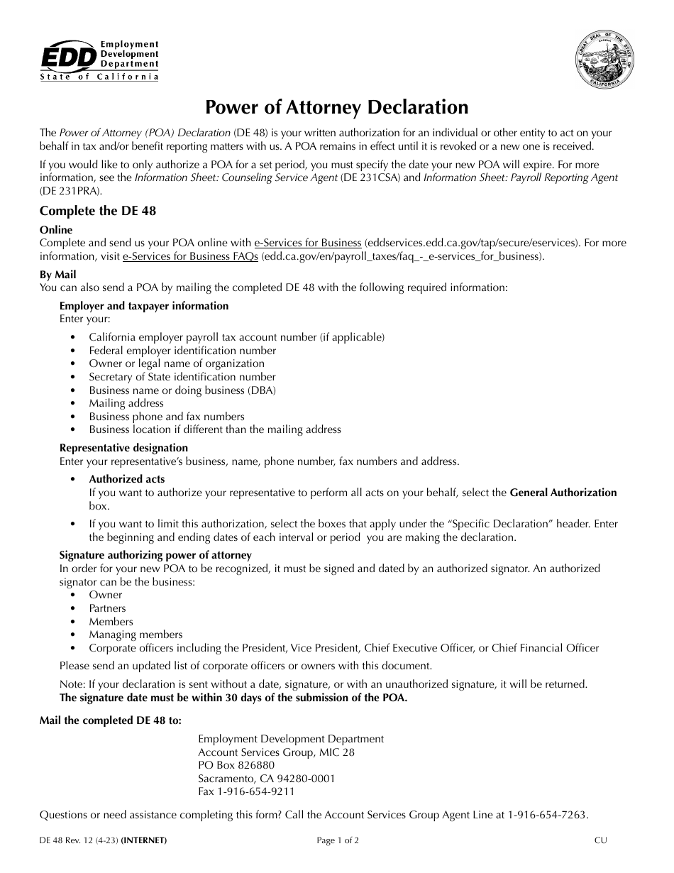 Form DE48 - Fill Out, Sign Online and Download Fillable PDF, California ...