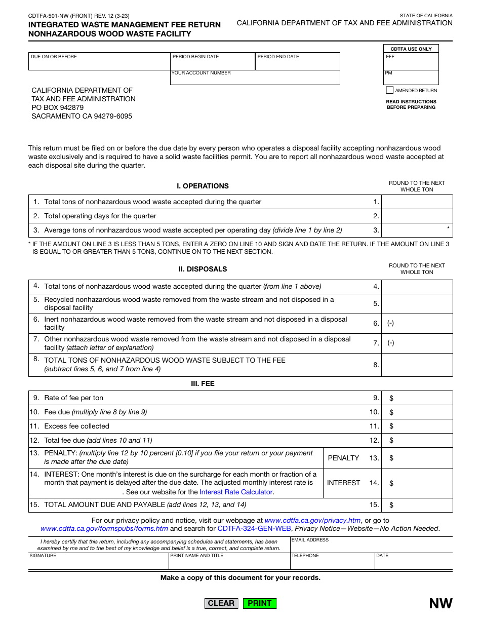 Form CDTFA-501-NW Download Fillable PDF or Fill Online Integrated Waste ...