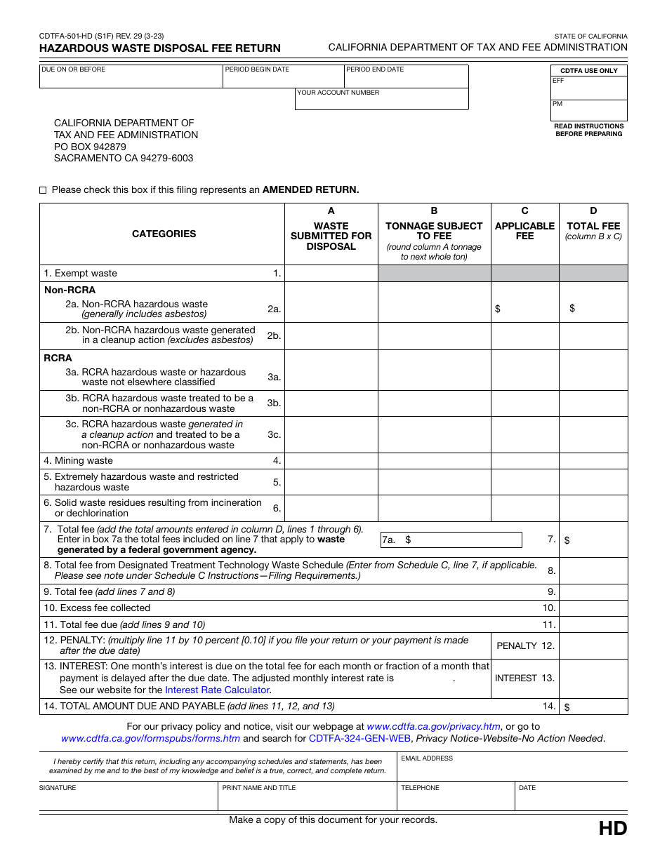 Form CDTFA-501-HD Download Fillable PDF or Fill Online Hazardous Waste ...