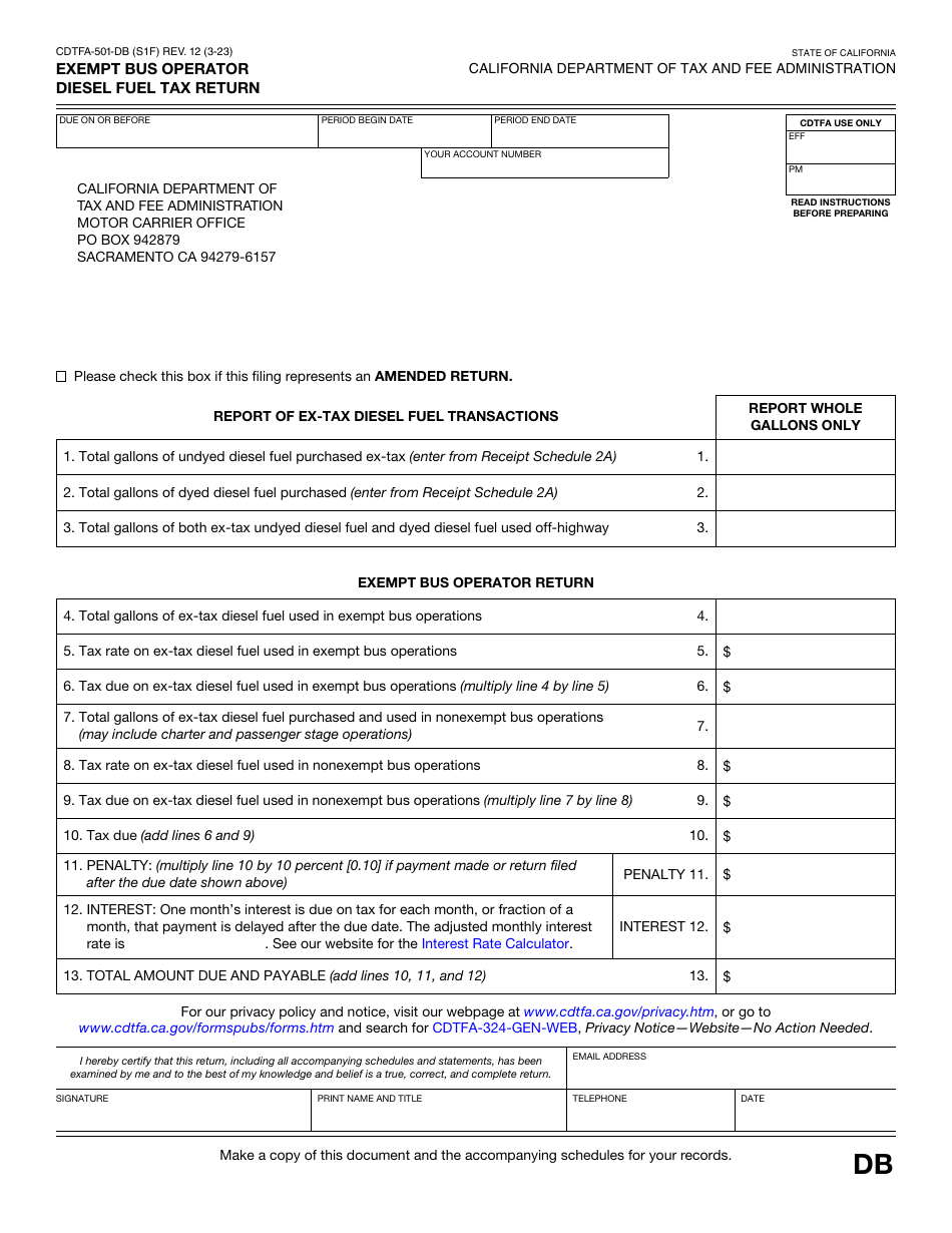 Form CDTFA-501-DB Download Fillable PDF or Fill Online Exempt Bus ...