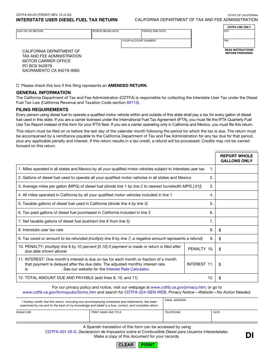 Form CDTFA-501-DI Download Fillable PDF or Fill Online Interstate User ...