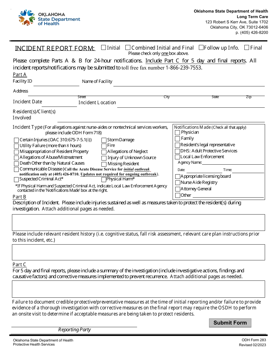 ODH Form 283 Download Fillable PDF or Fill Online Incident Report Form ...