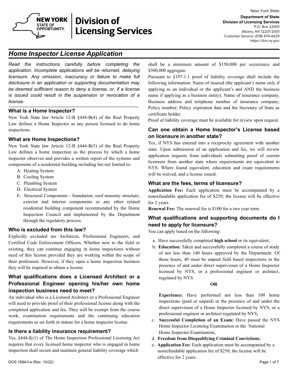 Form DOS1694-F-A - Fill Out, Sign Online and Download Fillable PDF, New ...