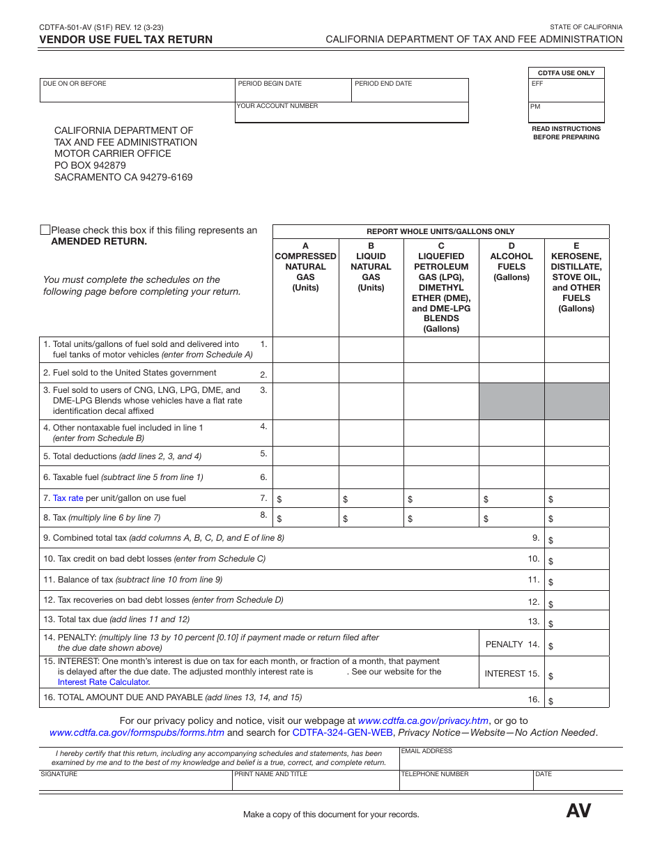 Form CDTFA-501-AV Download Fillable PDF or Fill Online Vendor Use Fuel ...
