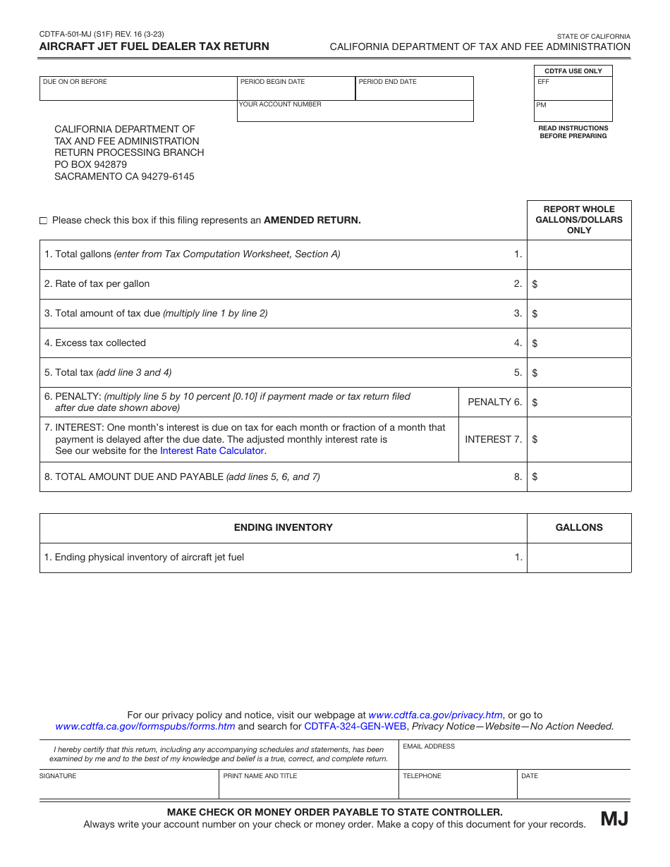 Form CDTFA-501-MJ Download Fillable PDF or Fill Online Aircraft Jet ...