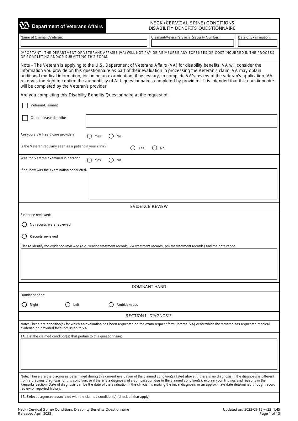 Neck (Cervical Spine) Conditions Disability Benefits Questionnaire ...