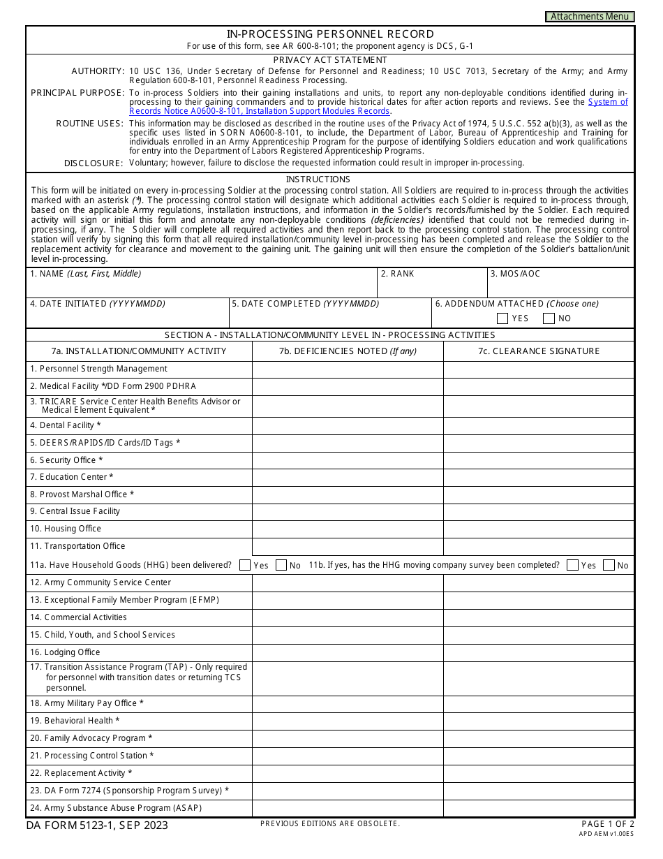 DA Form 5123-1 Download Fillable PDF or Fill Online In-processing ...