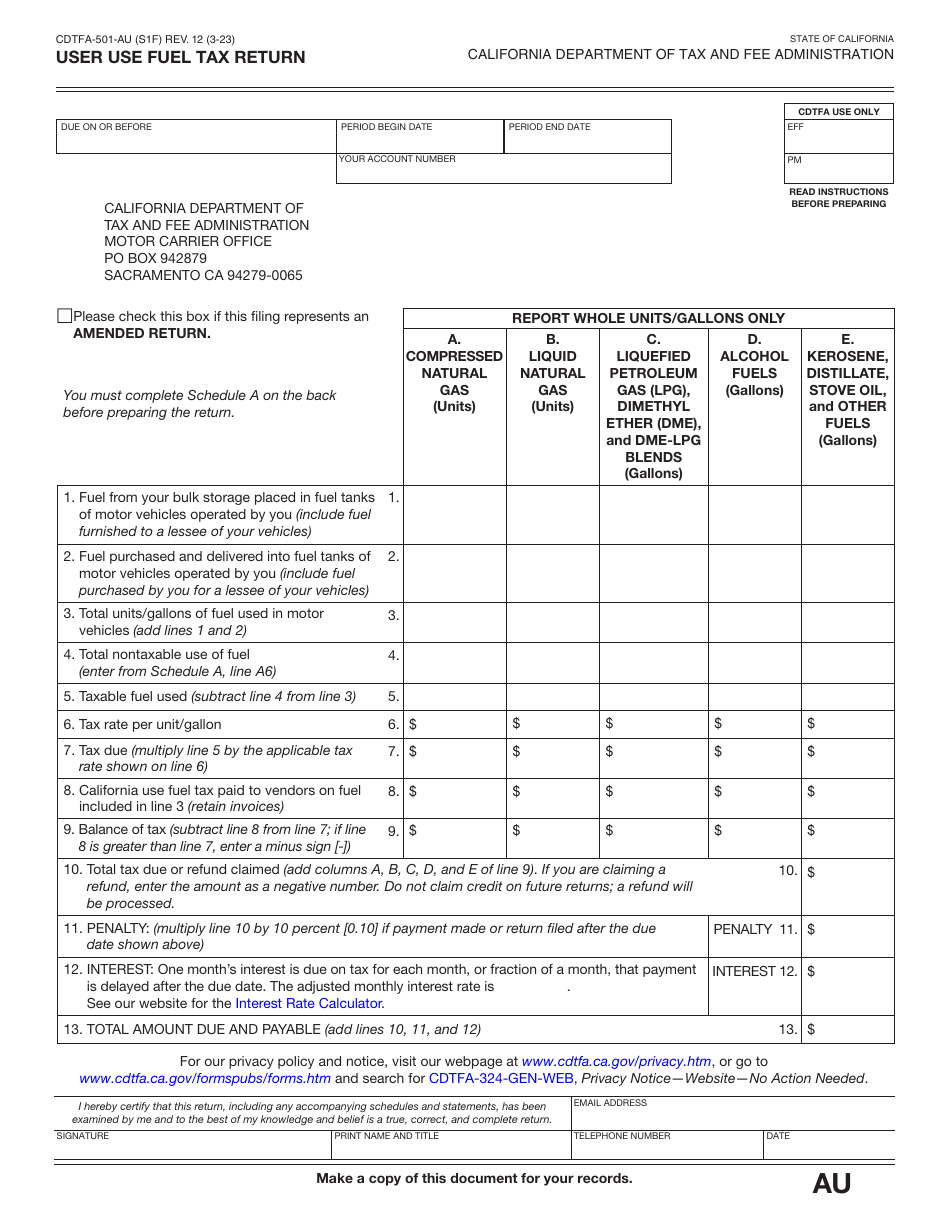 Form CDTFA-501-AU Download Fillable PDF or Fill Online User Use Fuel ...