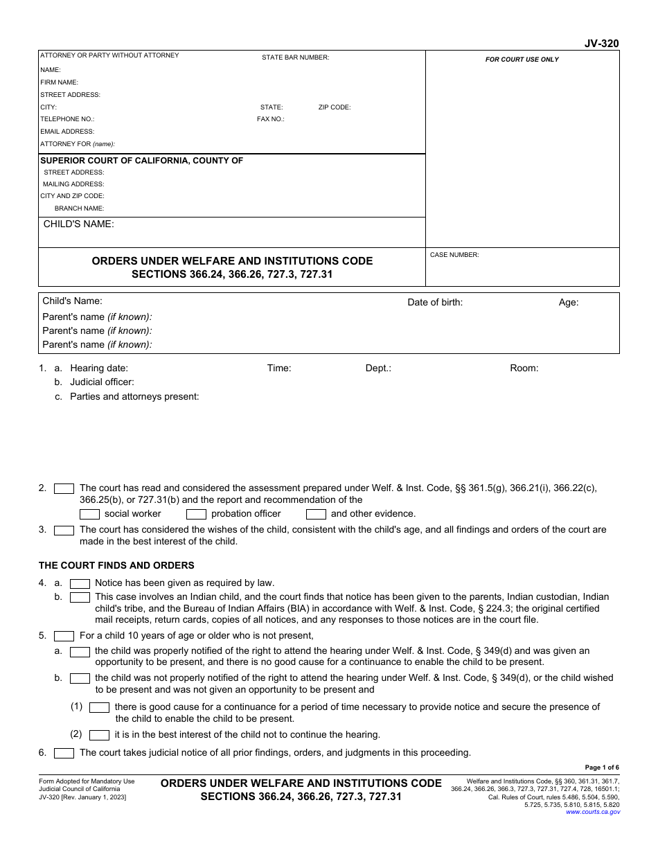 Form JV-320 Download Fillable PDF or Fill Online Orders Under Welfare ...