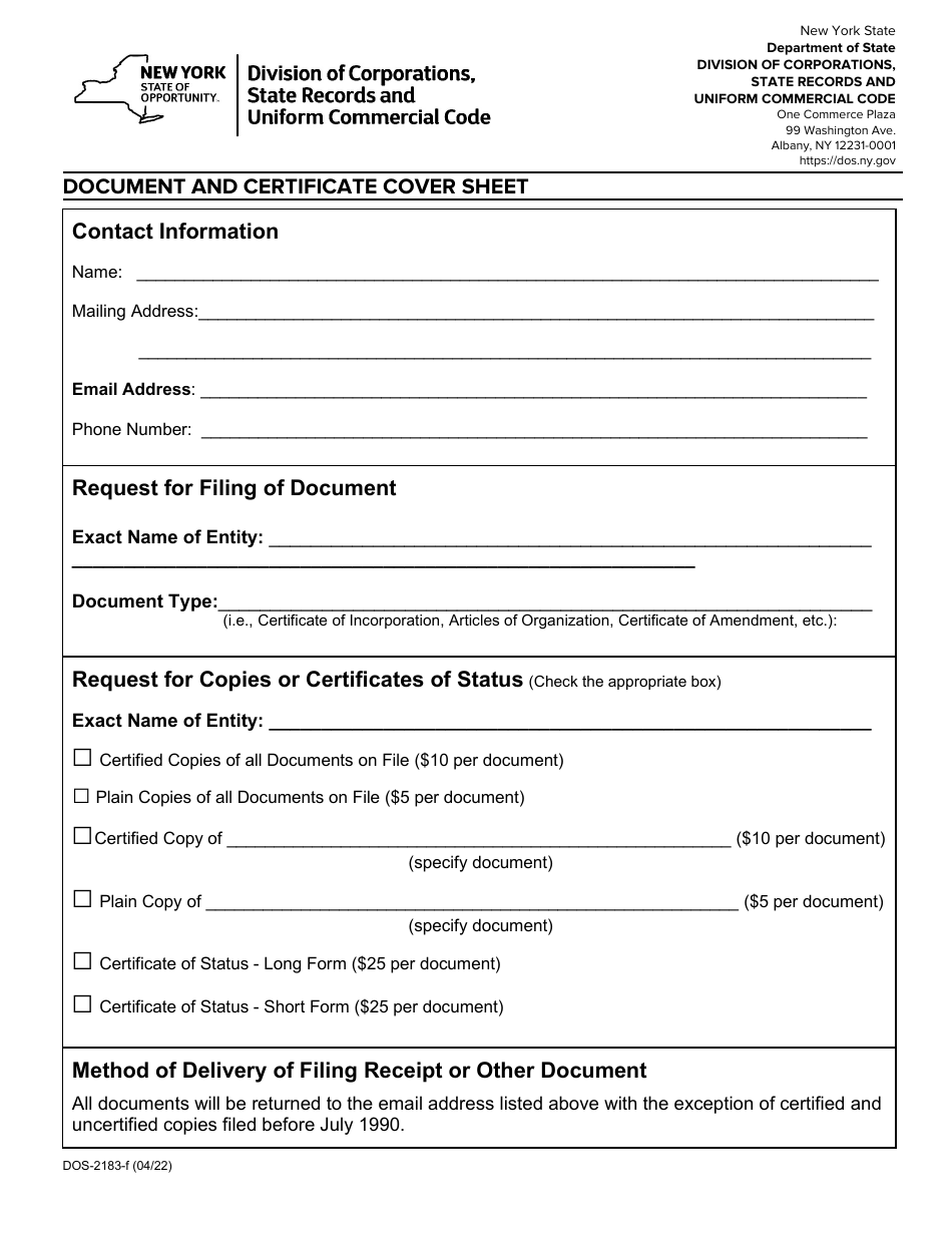 Form DOS-1511-F Download Fillable PDF or Fill Online Certificate of ...