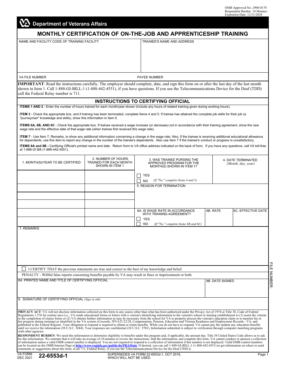 VA Form 22-6553D-1 Download Fillable PDF or Fill Online Monthly ...