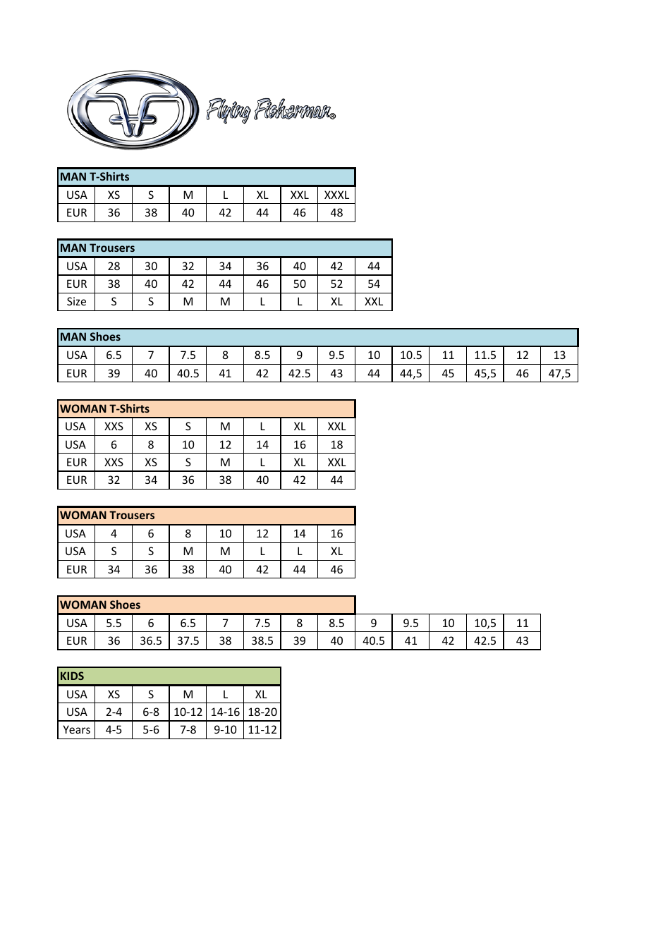 Clothing Size Chart - Flying Fisherman Download Printable PDF ...