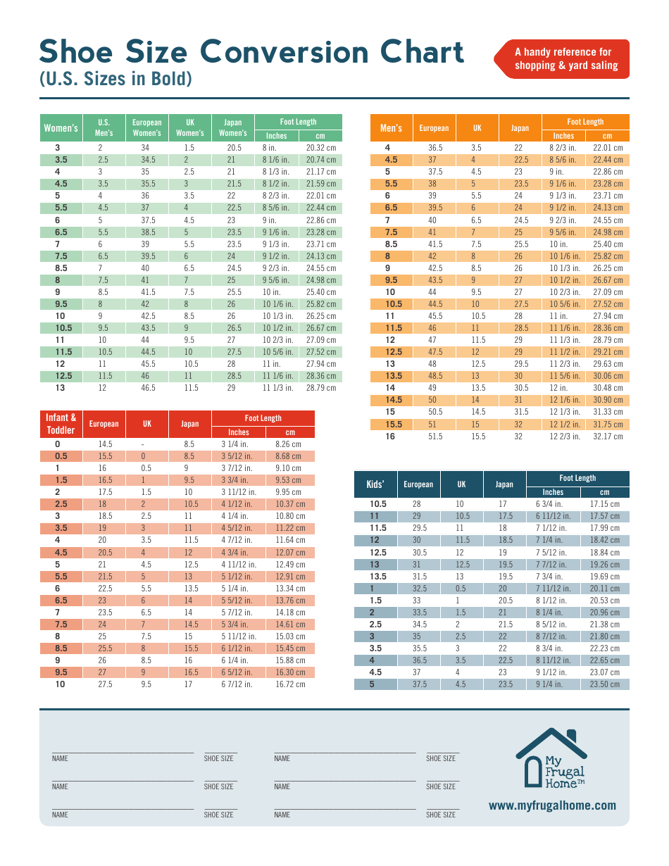 Shoe Size Conversion Chart - My Frugal Home Download Printable PDF ...