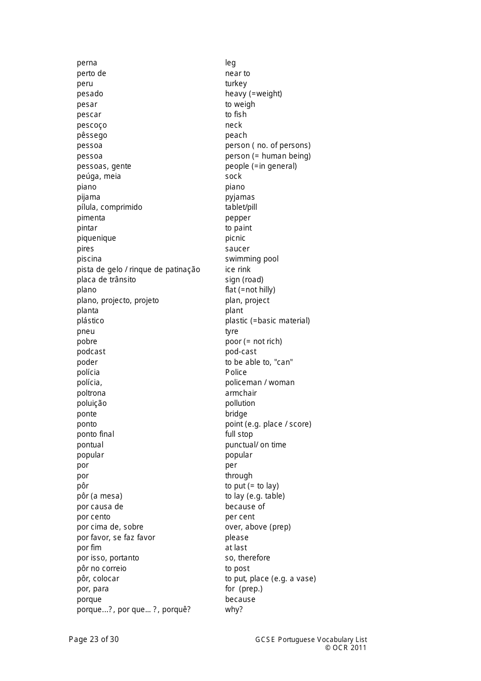 Gcse Portuguese Vocabulary List Download Printable PDF | Templateroller
