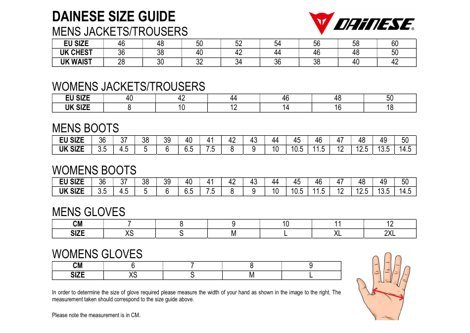 Motorcycle Clothing Size Guide - Dainese Download Printable PDF ...