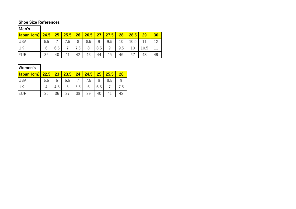 Shoe Size References Table Download Printable PDF | Templateroller
