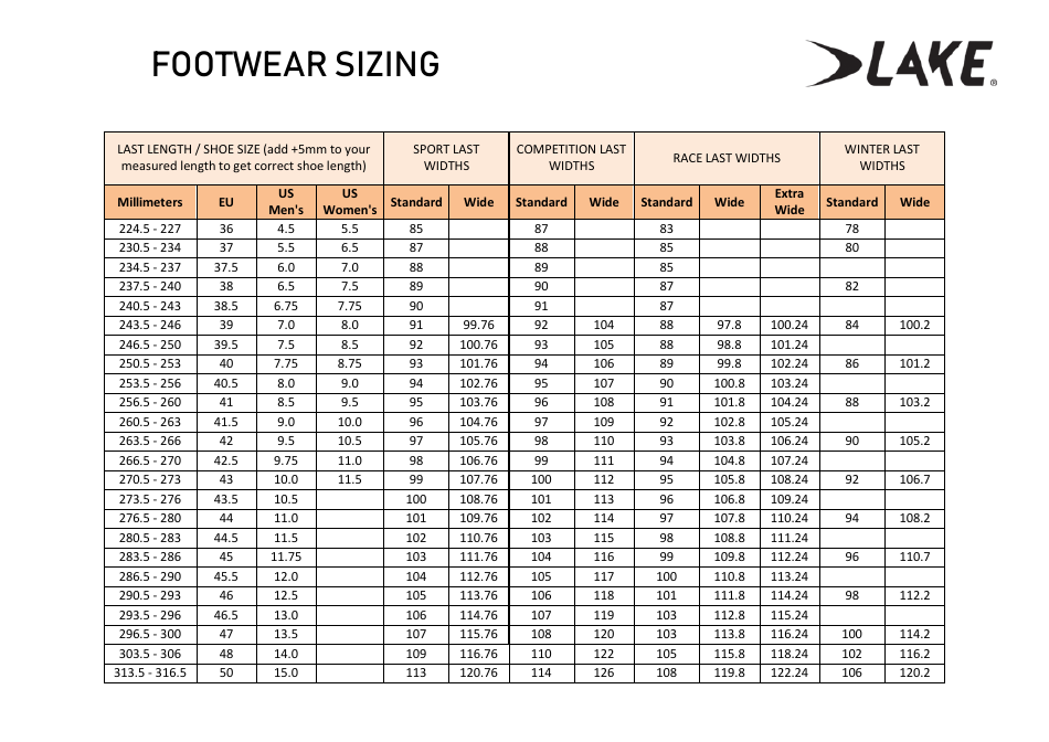Footwear Sizing Chart - Lake Download Printable PDF | Templateroller Footwear Sizing Chart - Lake Download Printable PDF | Templateroller
