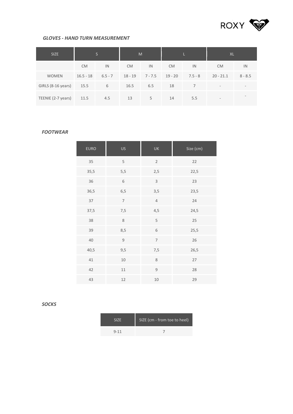 Sportswear All Size Chart Roxy Download Printable Pdf Templateroller