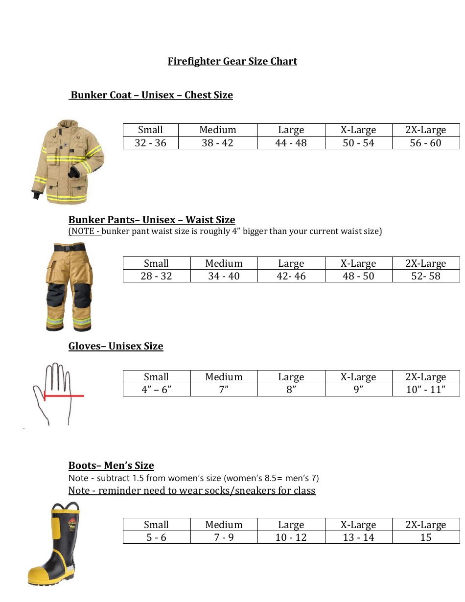 Firefighter Gear Size Chart Download Printable PDF | Templateroller