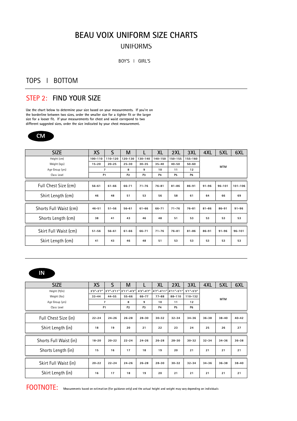 Beau Voix Uniform Size Charts Download Printable PDF | Templateroller