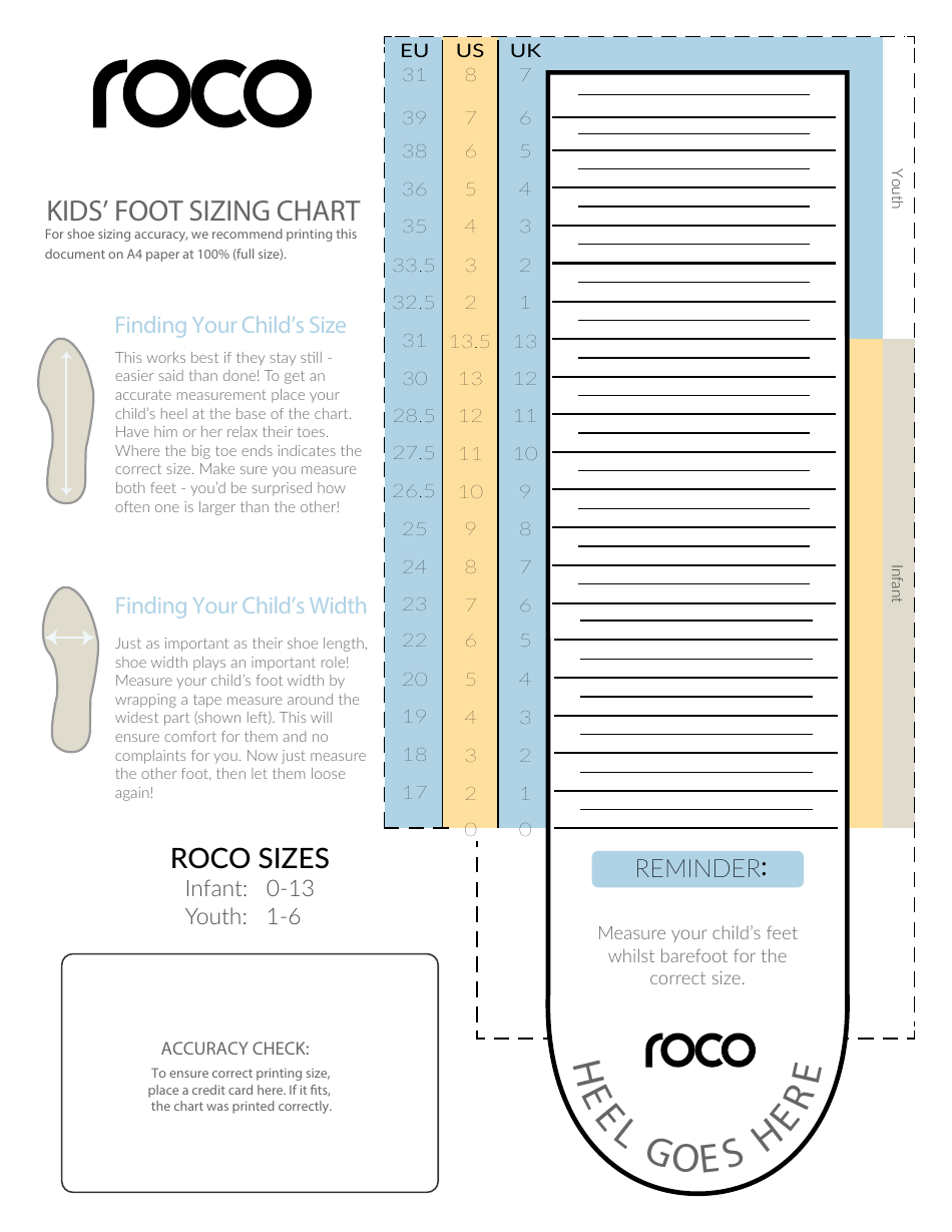 Kids' Foot Sizing Chart - Roco Download Printable PDF | Templateroller