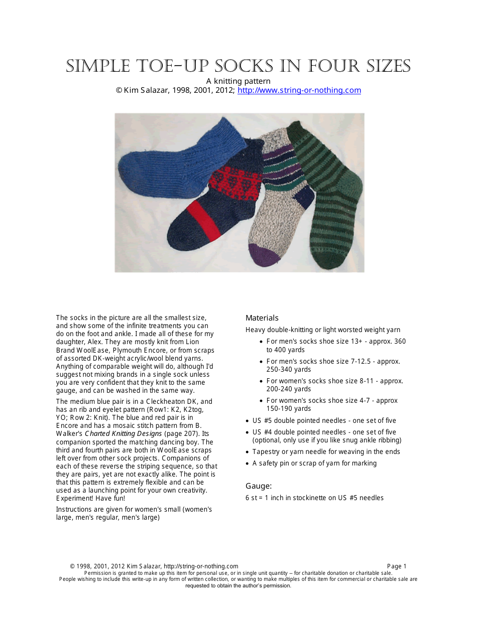 Simple Toe-Up Socks Knitting Pattern - Kim Salazar Download Printable ...