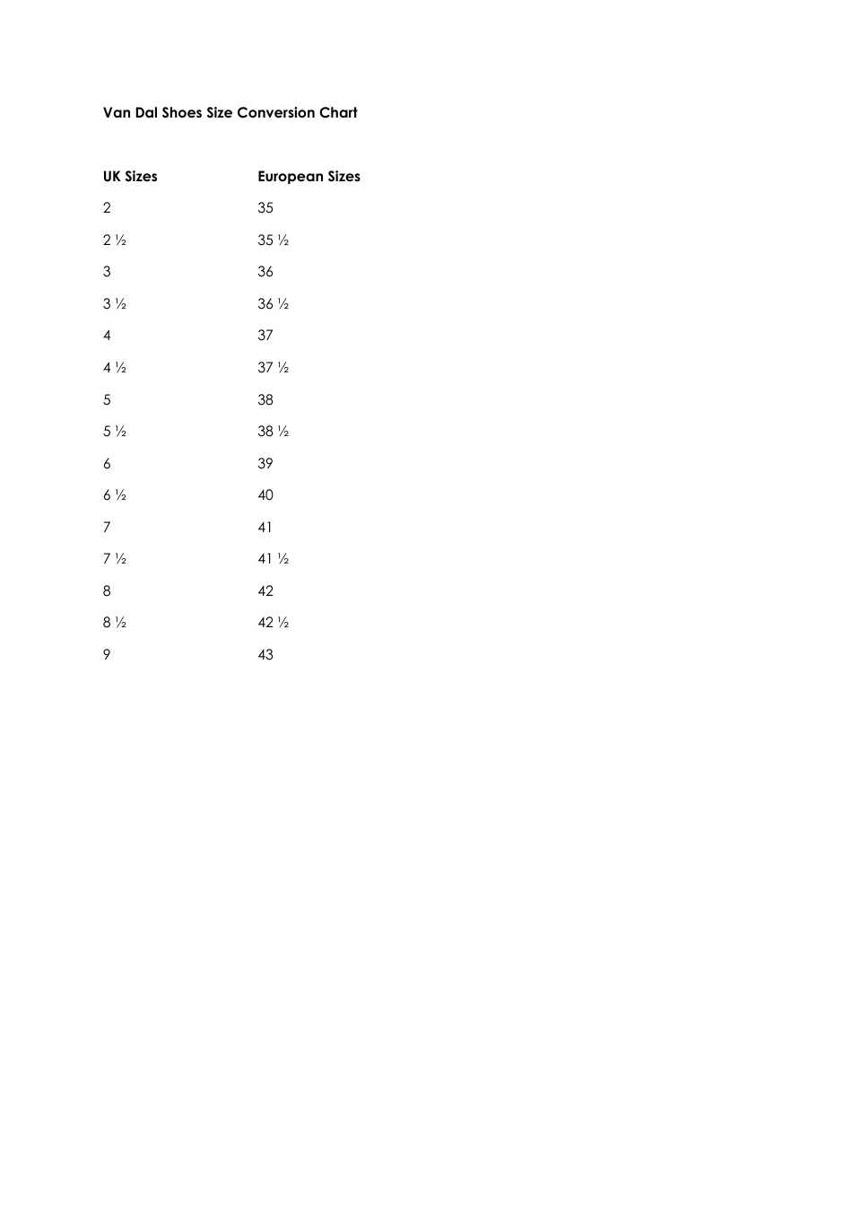 Shoe Size Conversion Chart - Van Dal Shoes Download Printable PDF ...