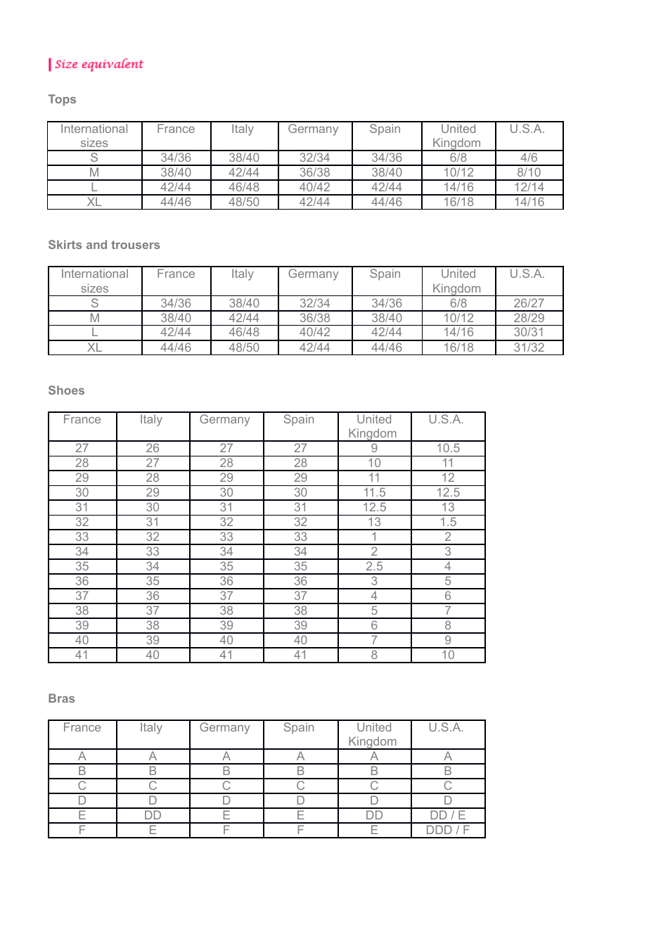 Size Equivalent Table Download Printable PDF | Templateroller