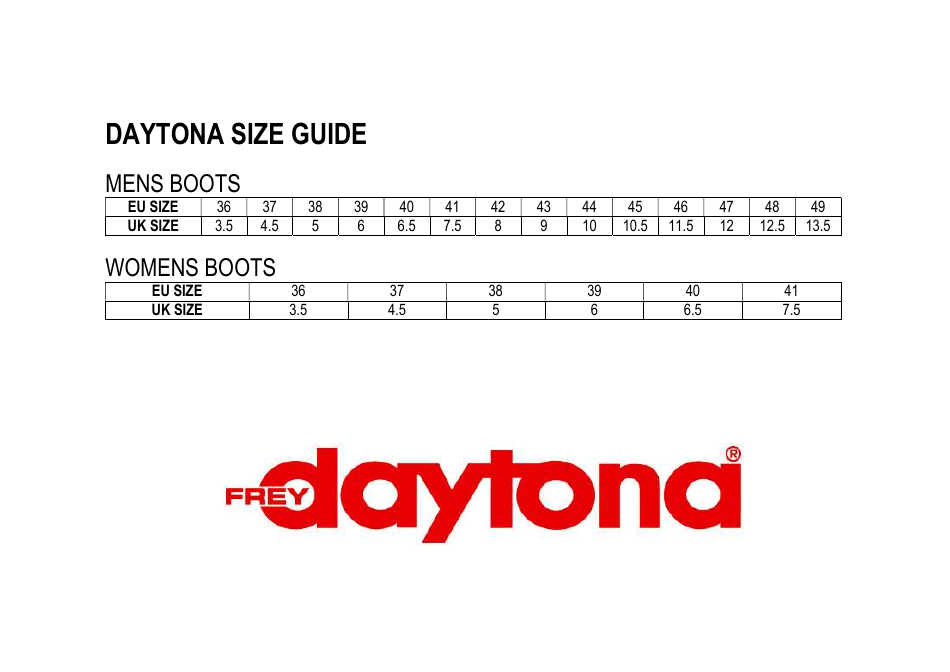Boot Size Guide - Daytona Download Printable PDF | Templateroller