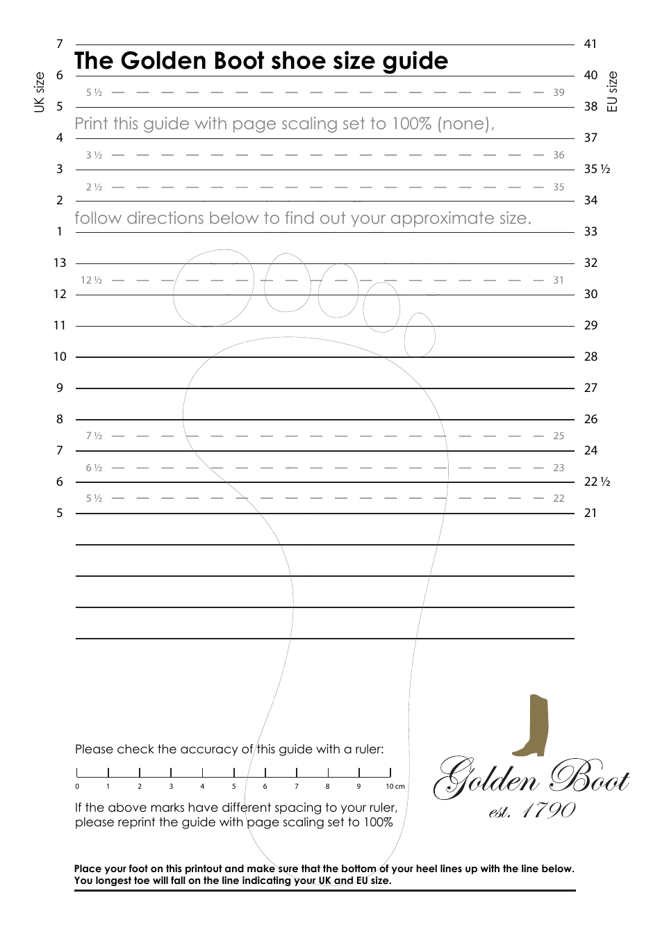 Shoe Size Measuring Chart - Golden Boots Download Printable PDF ...