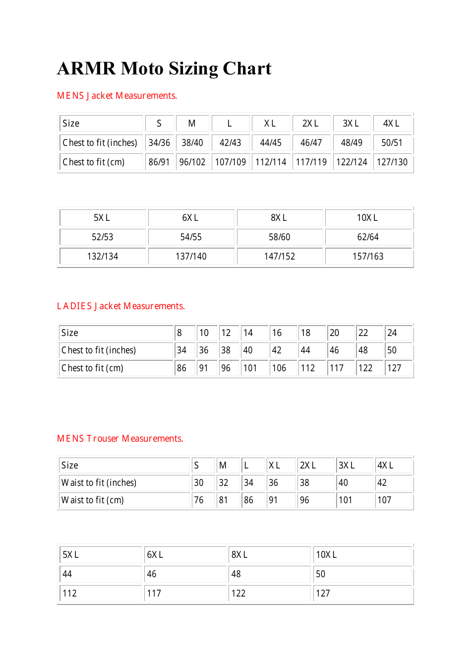 Motrocycle Wear Size Chart - Armr Moto Download Printable PDF | Templateroller