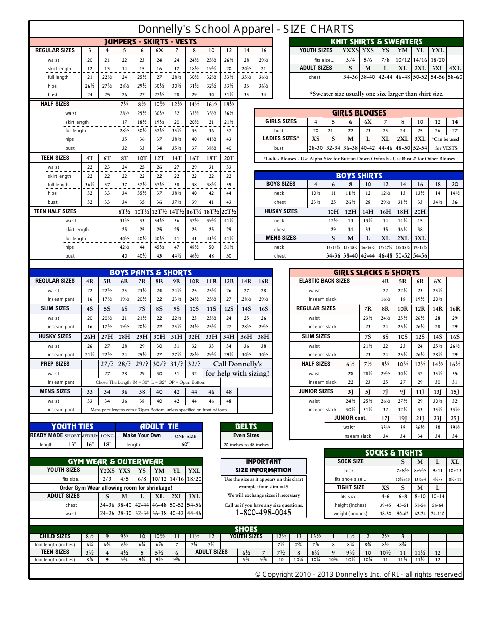 School Apparel Size Chart - Donnelly's Download Printable PDF ...
