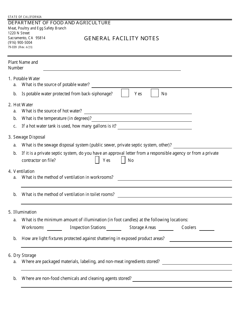 Form 79-039 Download Fillable PDF or Fill Online General Facility Notes ...