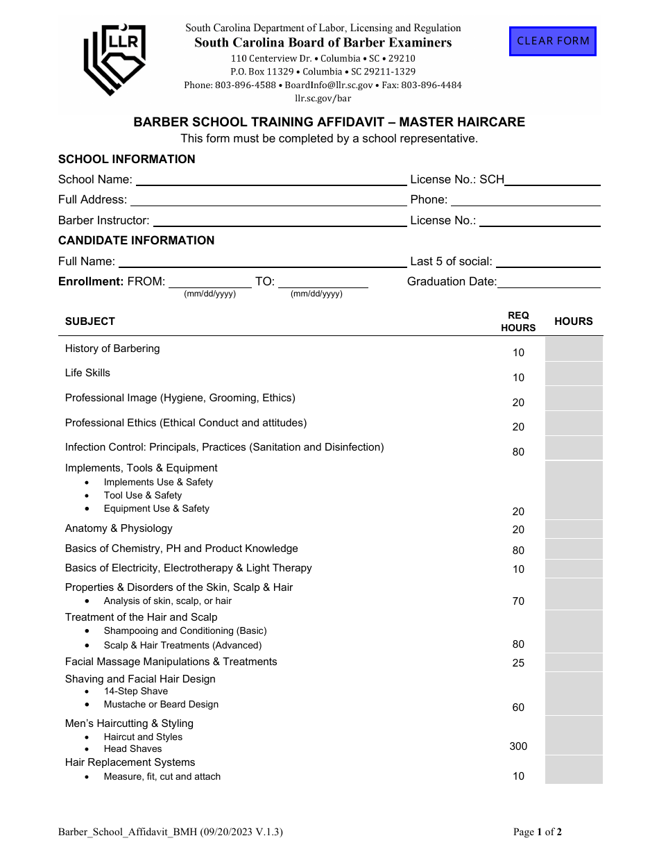 South Carolina Barber School Training Affidavit - Master Haircare ...