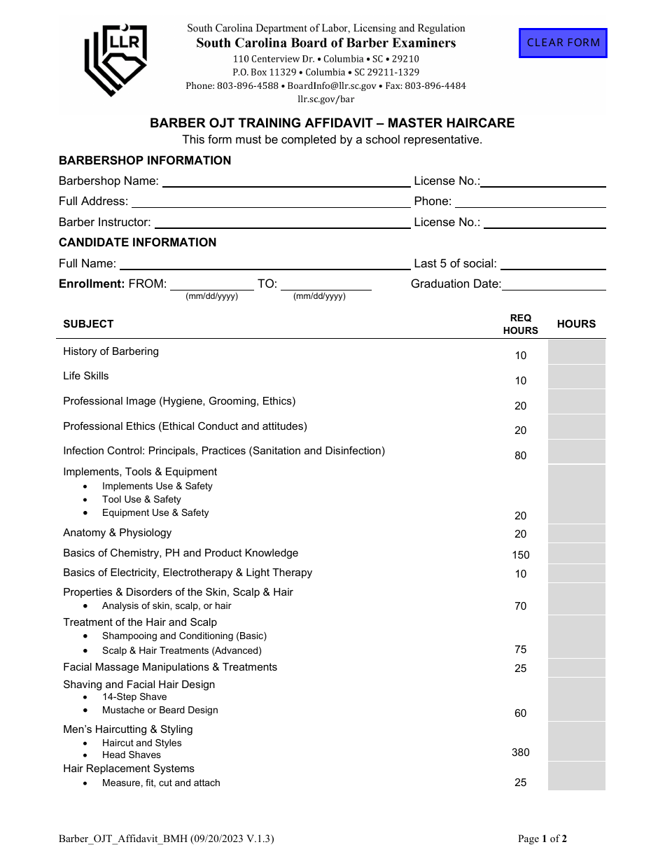 South Carolina Barber Ojt Training Affidavit - Master Haircare - Fill ...