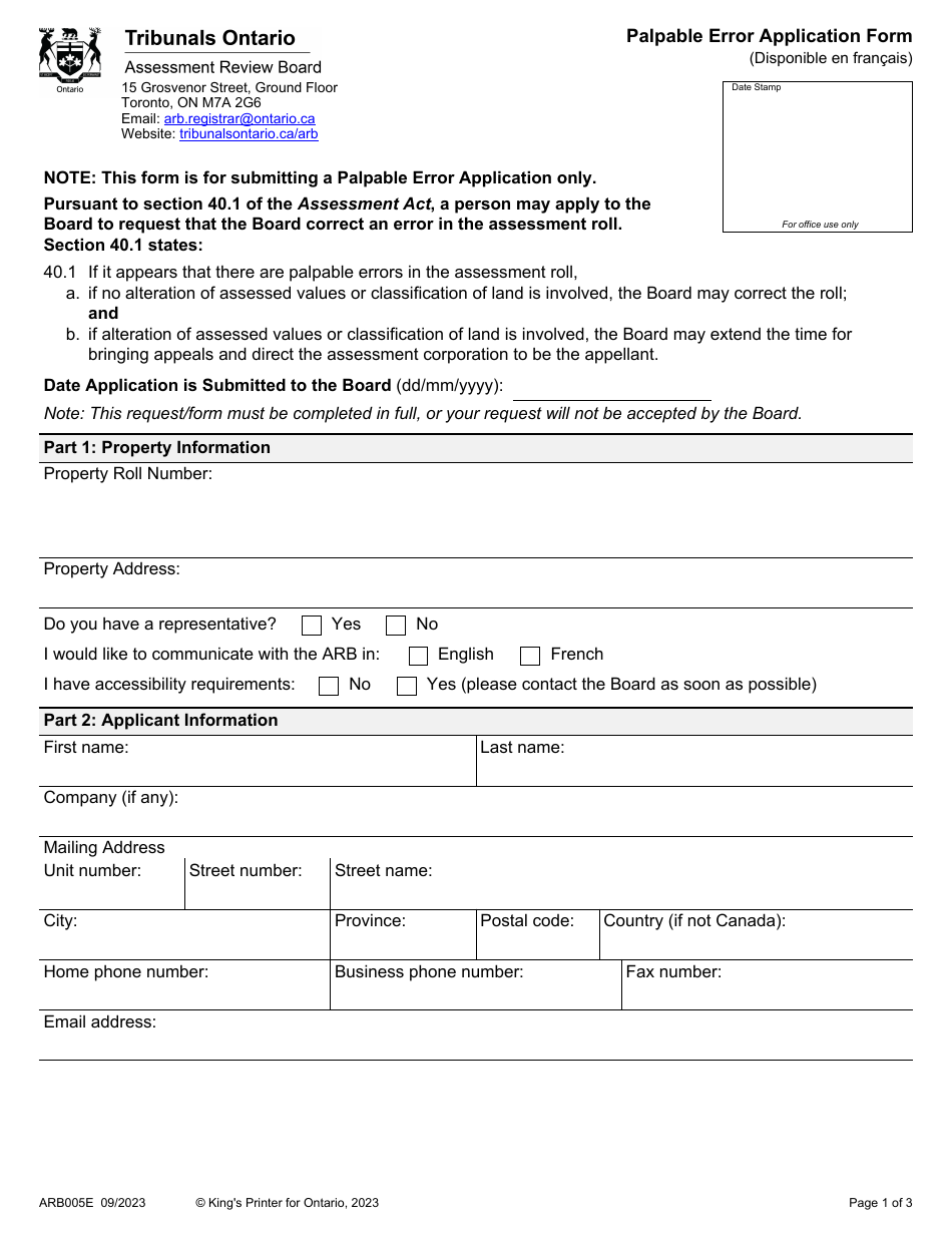 Form ARB005E - Fill Out, Sign Online and Download Fillable PDF, Ontario ...