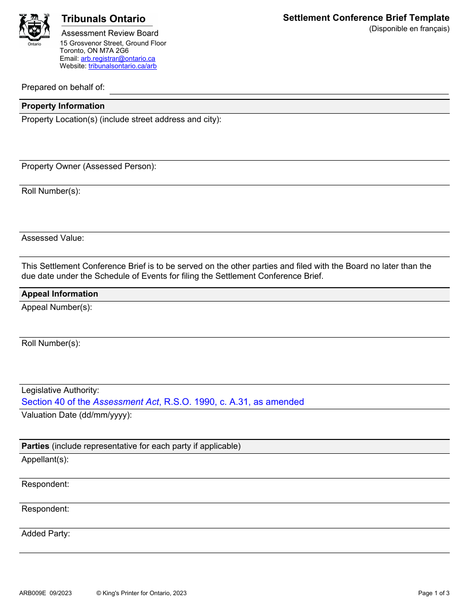 Form ARB009E - Fill Out, Sign Online and Download Fillable PDF, Ontario ...