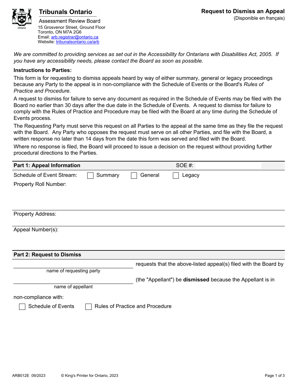 Form ARB012E - Fill Out, Sign Online and Download Fillable PDF, Ontario ...
