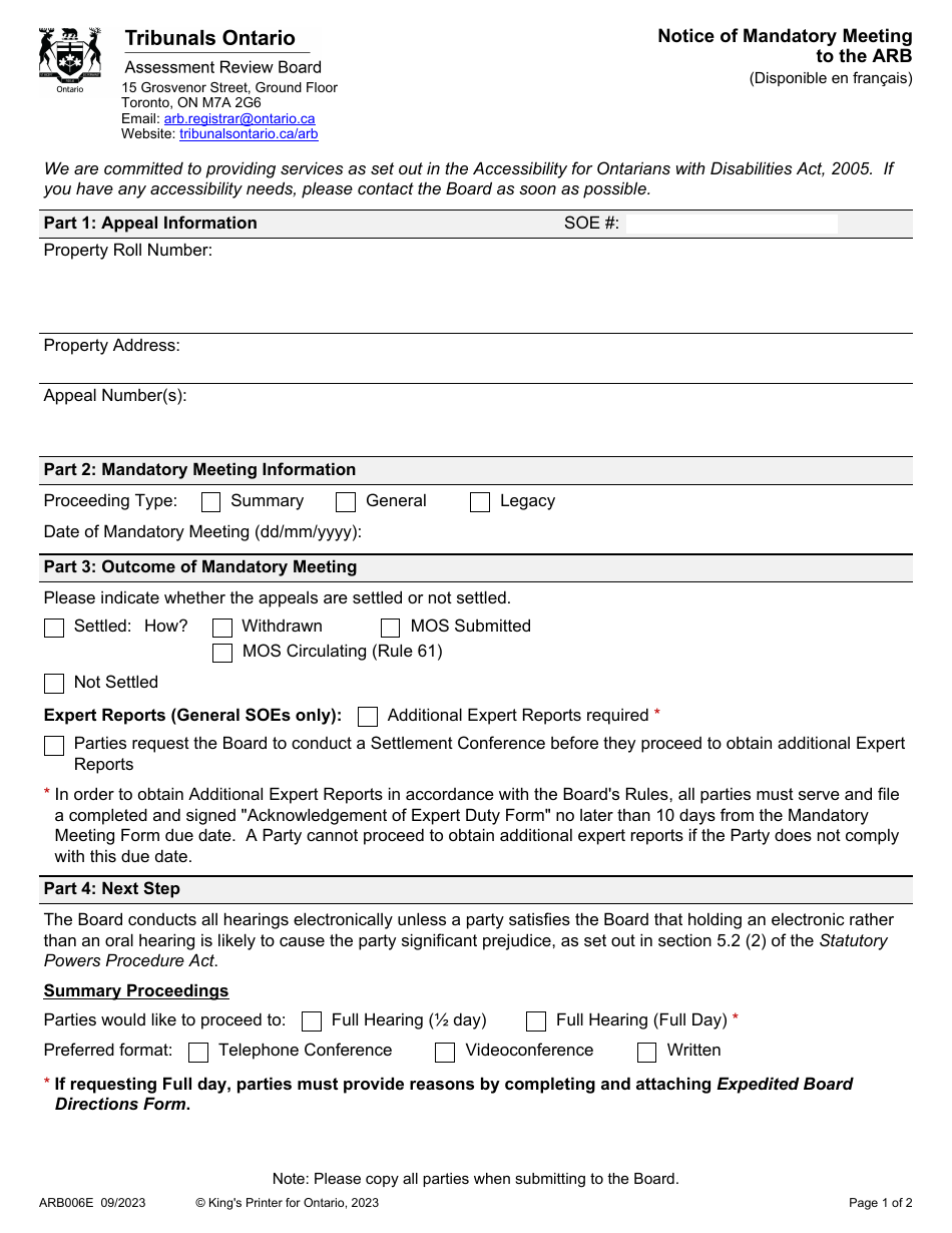 Form ARB006E - Fill Out, Sign Online and Download Fillable PDF, Ontario ...