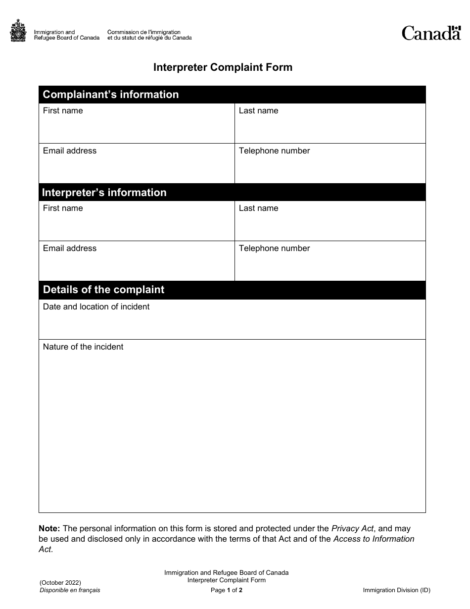Canada Interpreter Complaint Form Download Fillable PDF | Templateroller