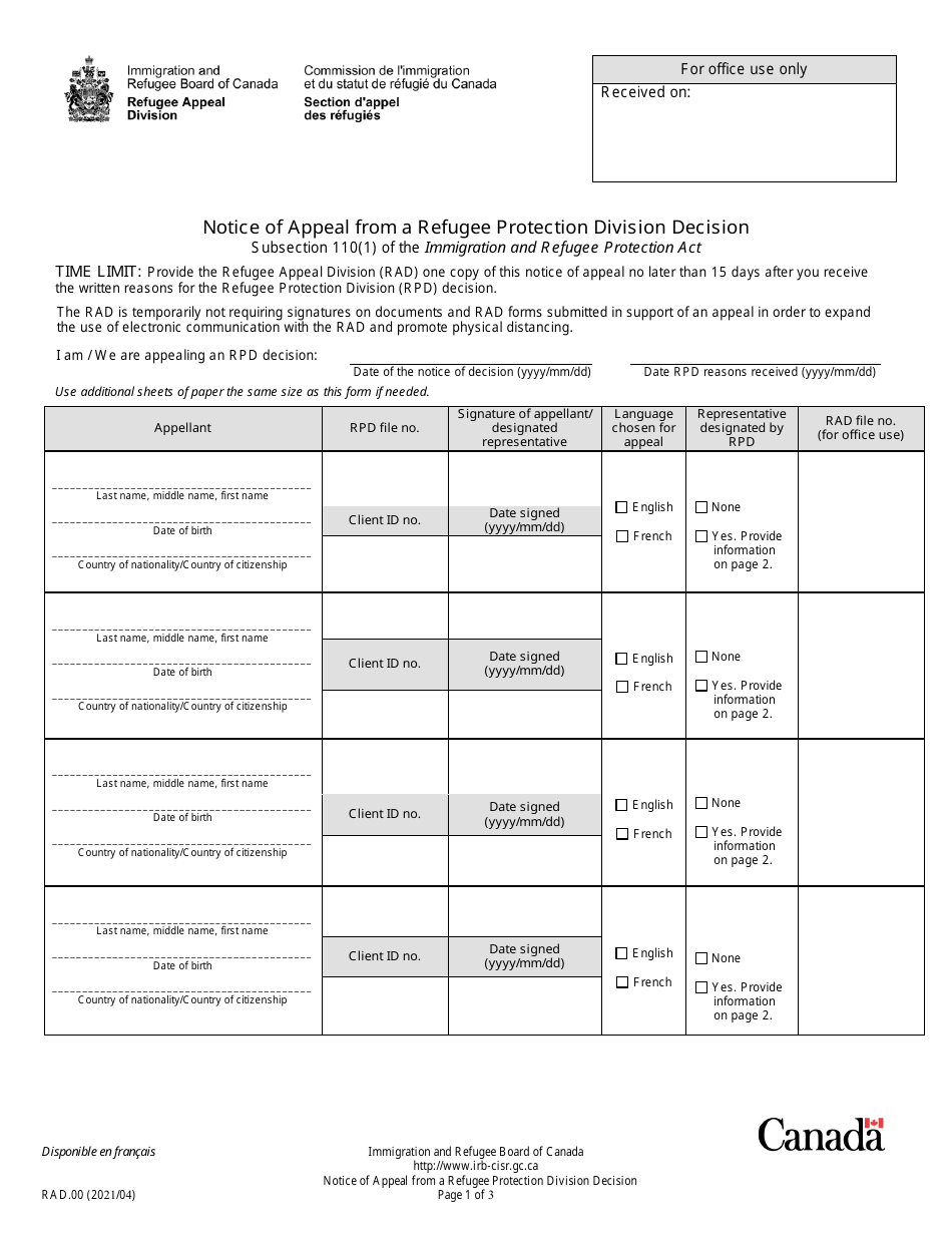 Form RAD.00 - Fill Out, Sign Online and Download Fillable PDF, Canada ...