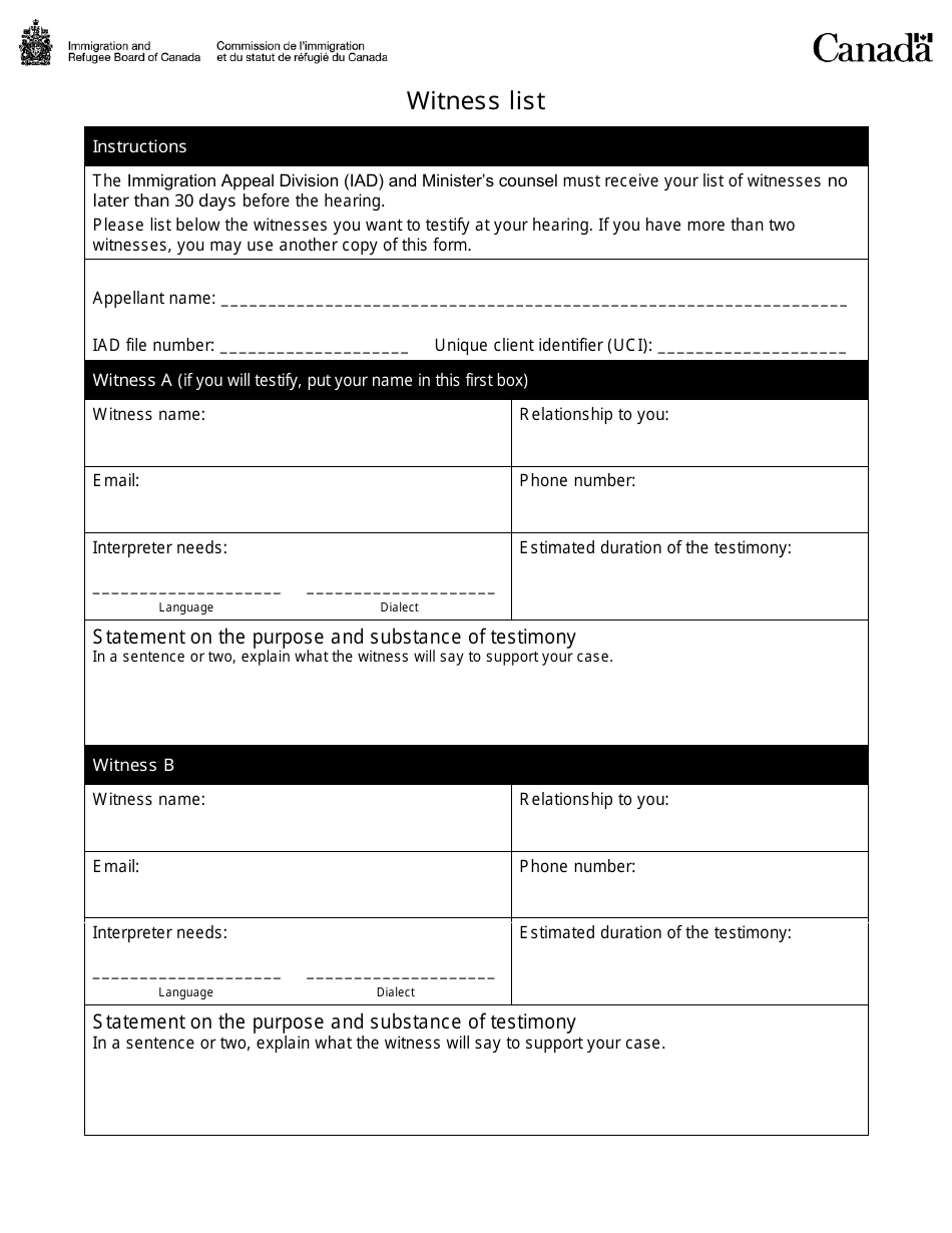 Canada Witness List - Fill Out, Sign Online and Download PDF ...