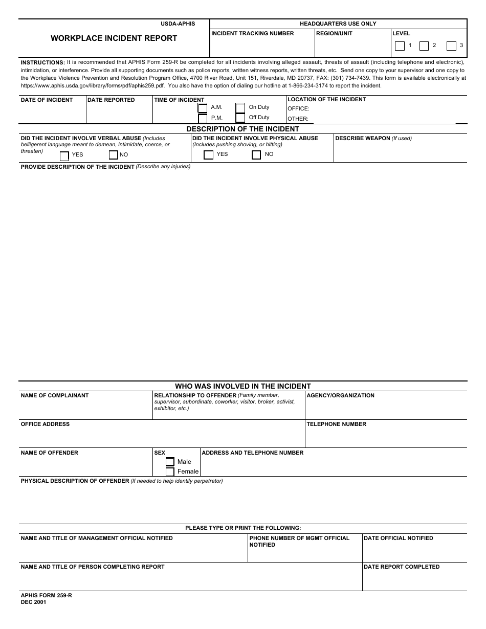 APHIS Form 259-R - Fill Out, Sign Online and Download Fillable PDF ...
