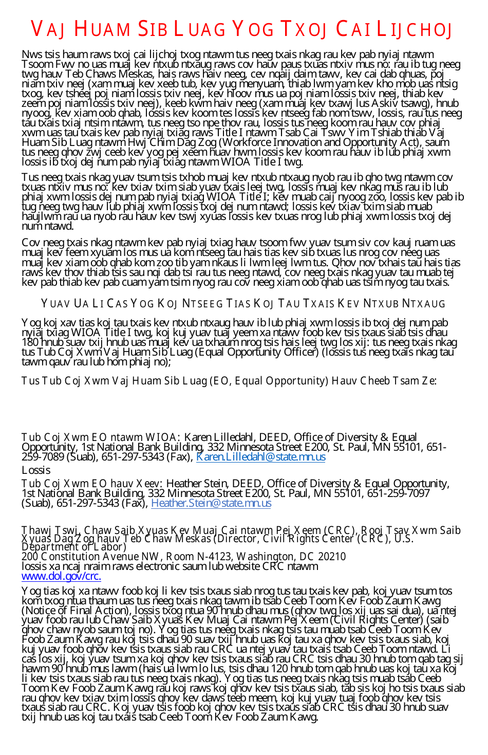 Minnesota Wioa Equal Opportunity Is the Law Poster (Hmong) - Fill Out ...