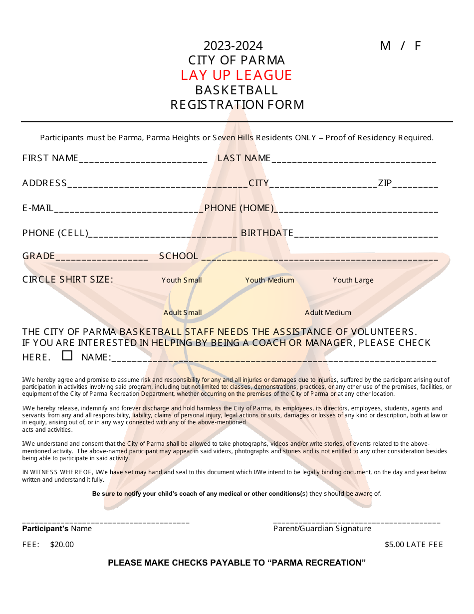 2024 City of Parma, Ohio Lay up League Basketball Registration Form ...