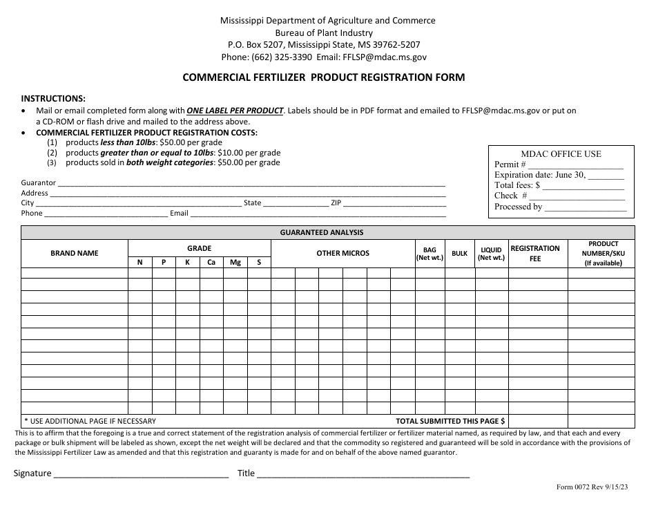 Form 0072 Download Fillable PDF or Fill Online Commercial Fertilizer ...