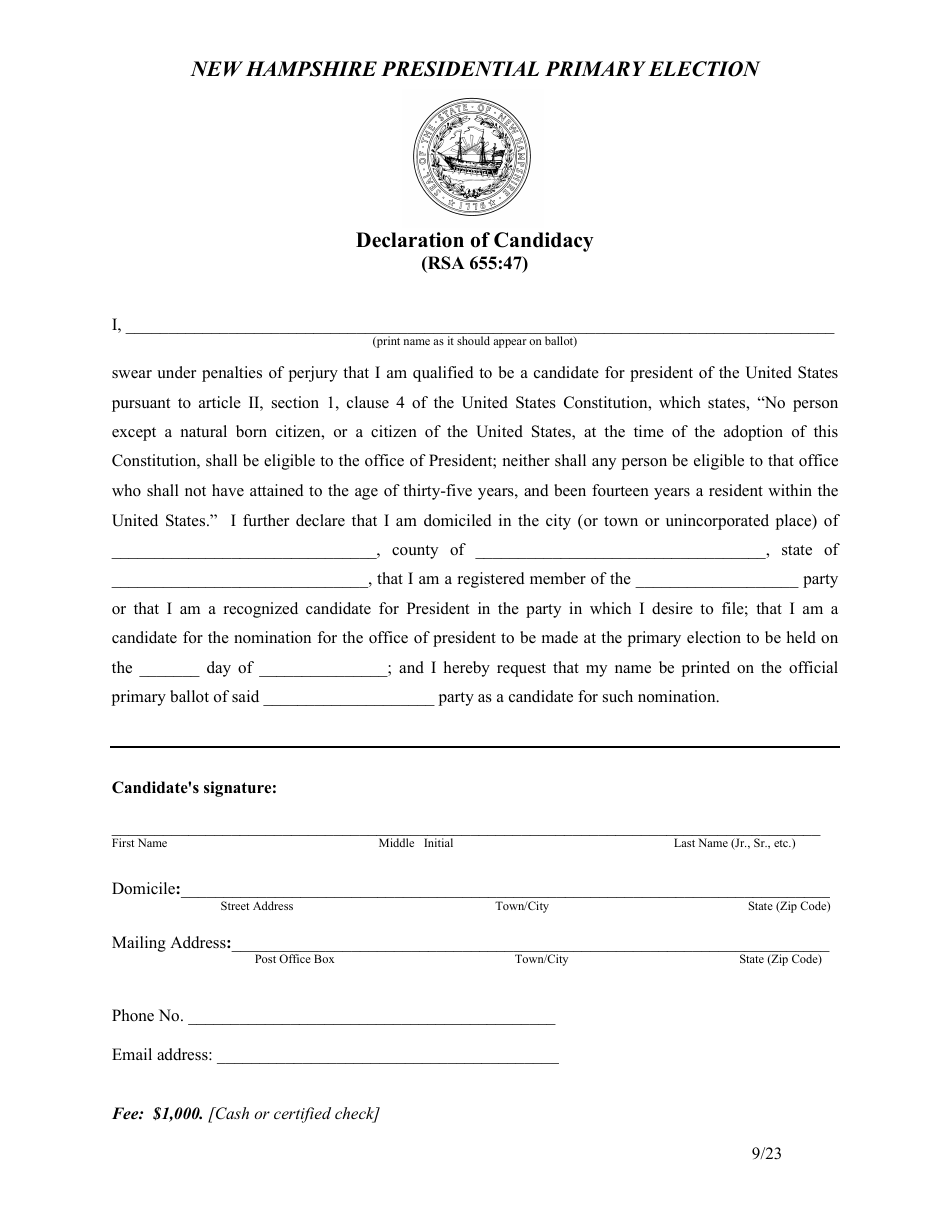 New Hampshire Declaration of Candidacy - Fill Out, Sign Online and ...