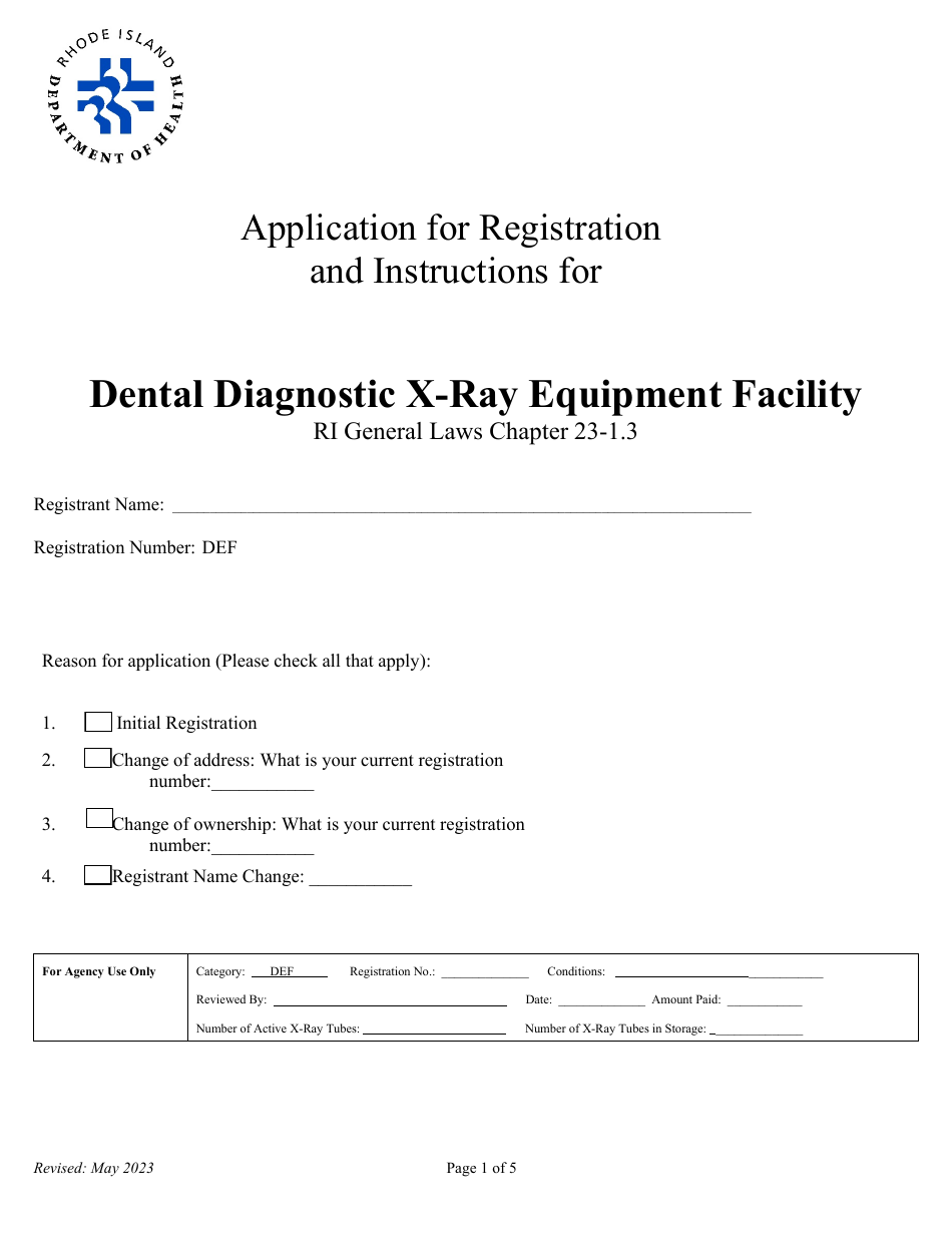 Rhode Island Application for Registration for Dental Diagnostic X-Ray ...